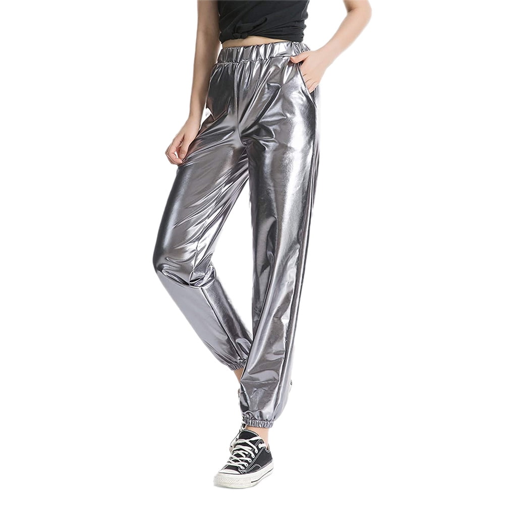 Autumn Women Metallic Shiny Jogger Pants Casual High Waist Holographic ...