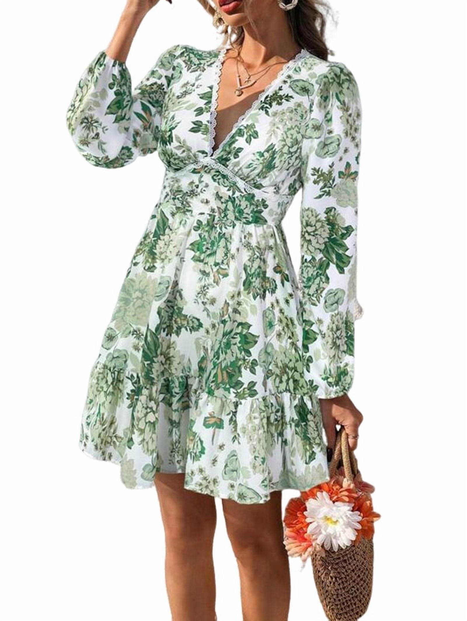 Autumn Women'S Dress V-Neck Long Sleeve Elastic Waist Bohemian Beach ...