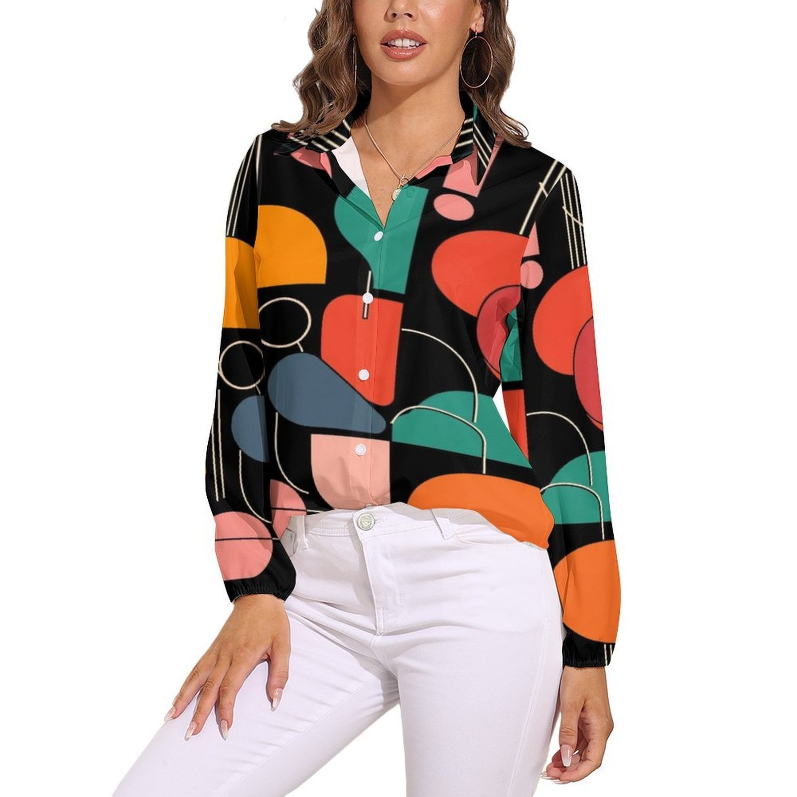 Autumn Women Shirt Tops Abstract Geometric Shapes Long Sleeve Women's ...