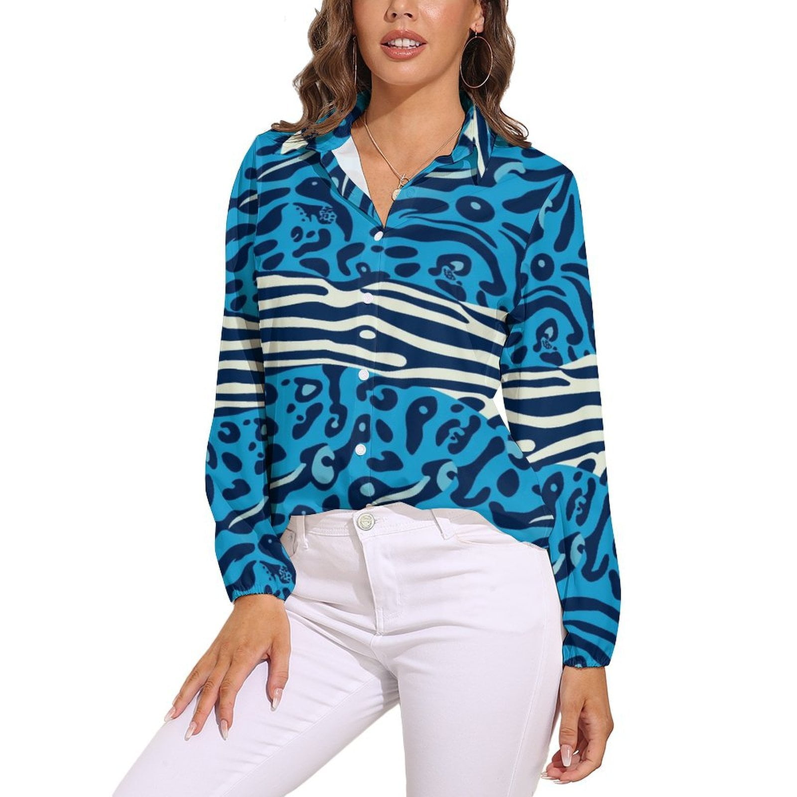 Autumn Women Shirt Tops Blue Abstract Pattern Long Sleeve Women's ...