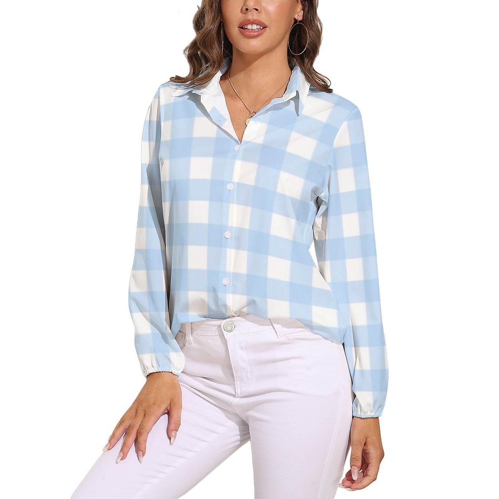 Autumn Women Shirt Tops Blue Gingham Checkered Buffalo Plaid Pattern ...