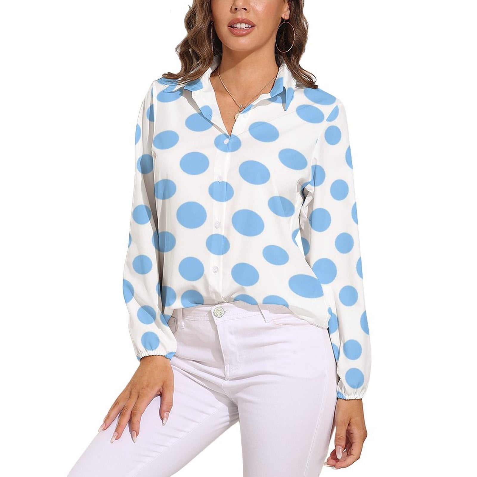 Autumn Women Shirt Tops Blue Polka Dot Pattern Long Sleeve Women's ...