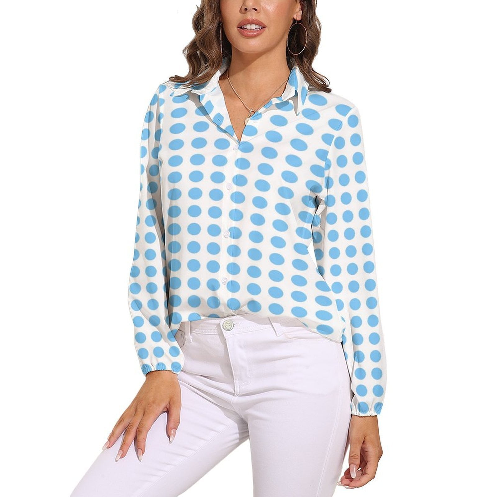 Autumn Women Shirt Tops Blue Polka Dot Pattern Long Sleeve Women's ...