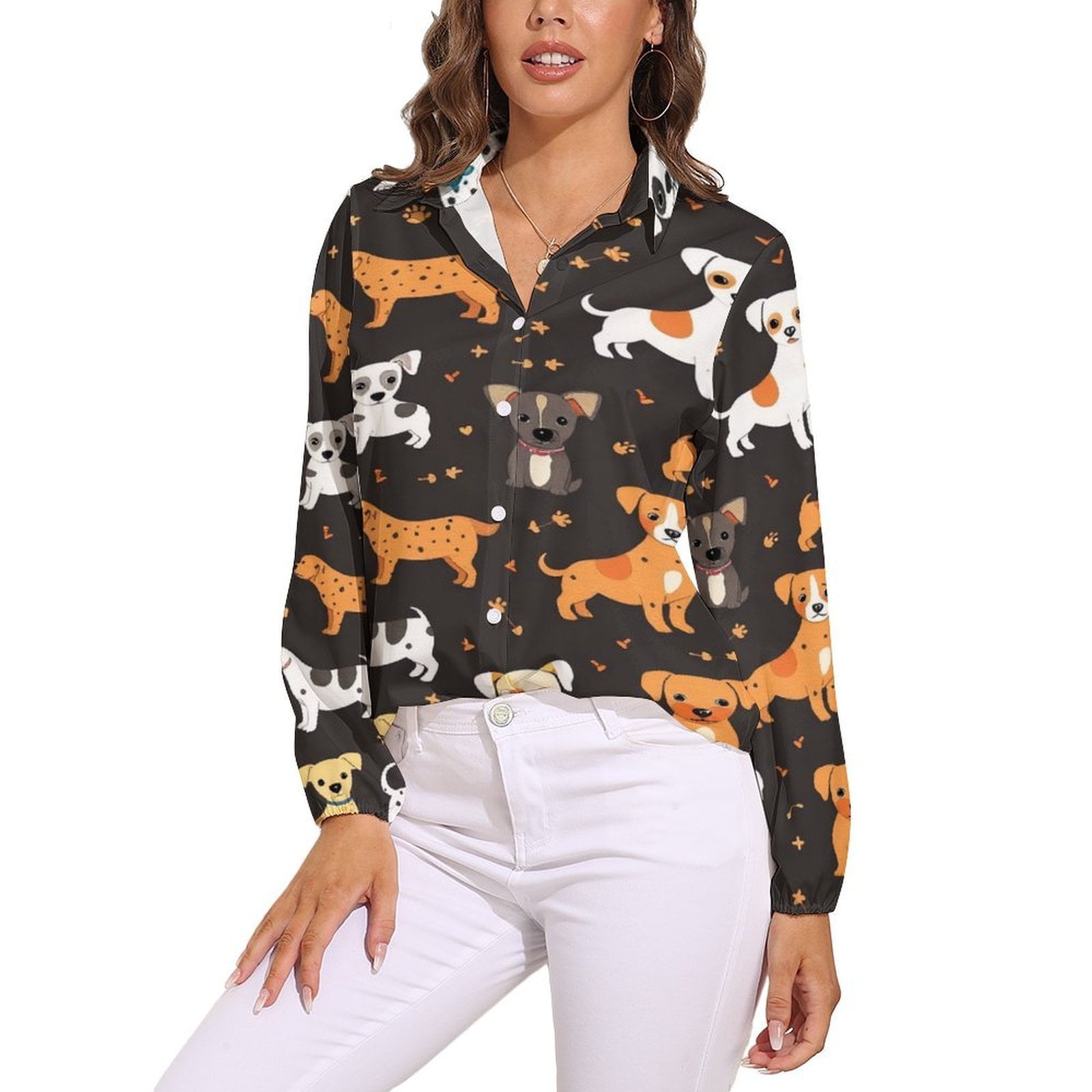 Autumn Women Shirt Tops Cute Dog Pattern Long Sleeve Women's Blouses ...