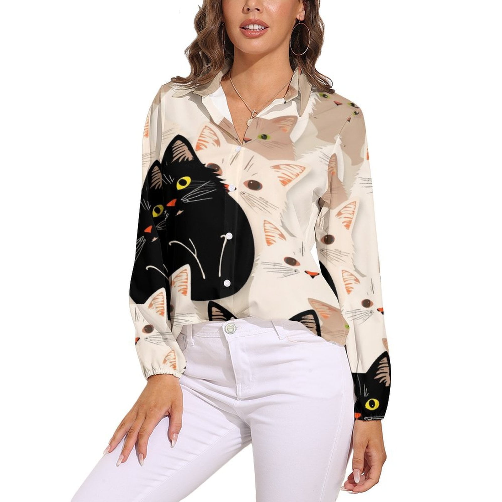 Autumn Women Shirt Tops Cute Fluffy Cats Long Sleeve Women's Blouses ...