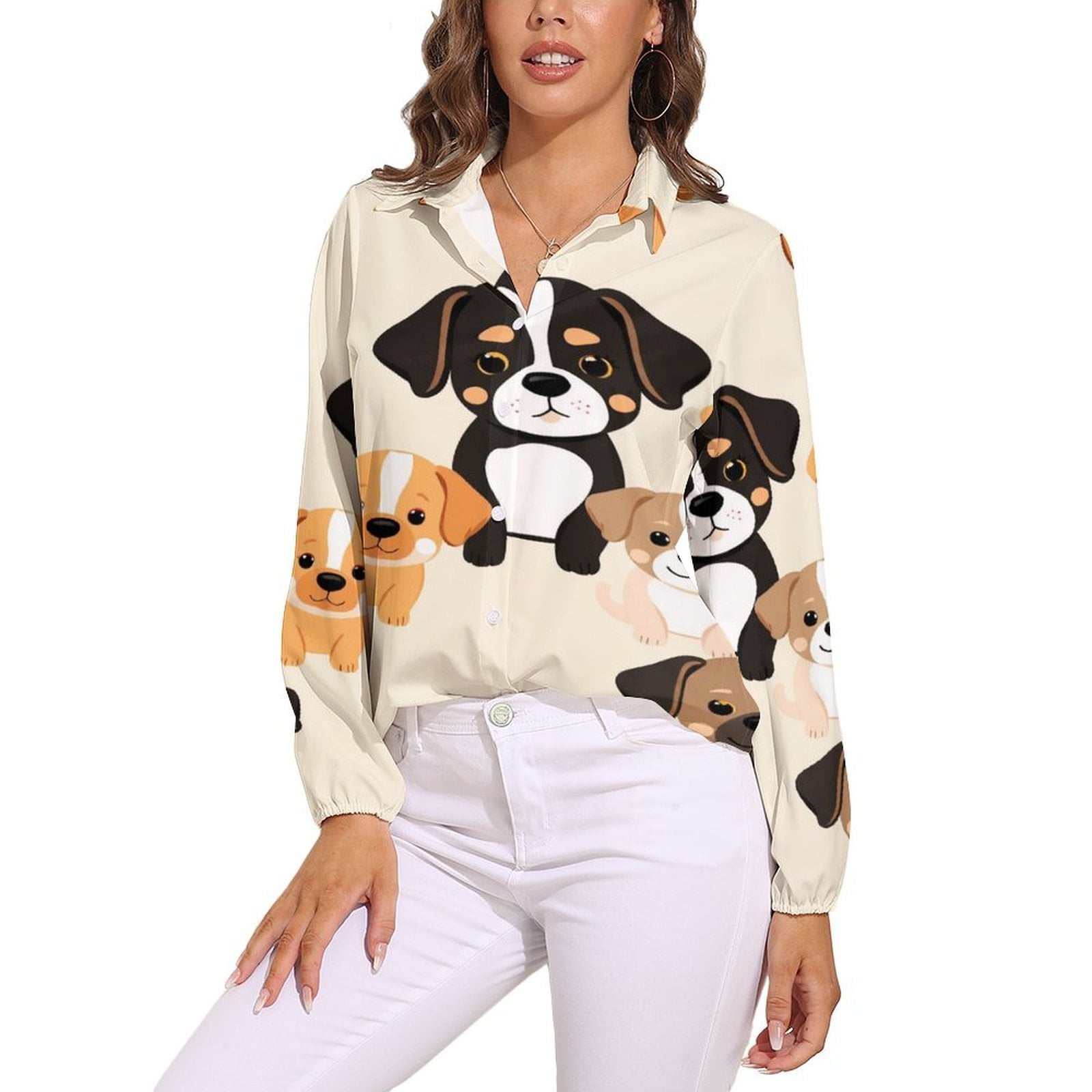 Autumn Women Shirt Tops Cute Puppy Pattern Design Long Sleeve Women's ...