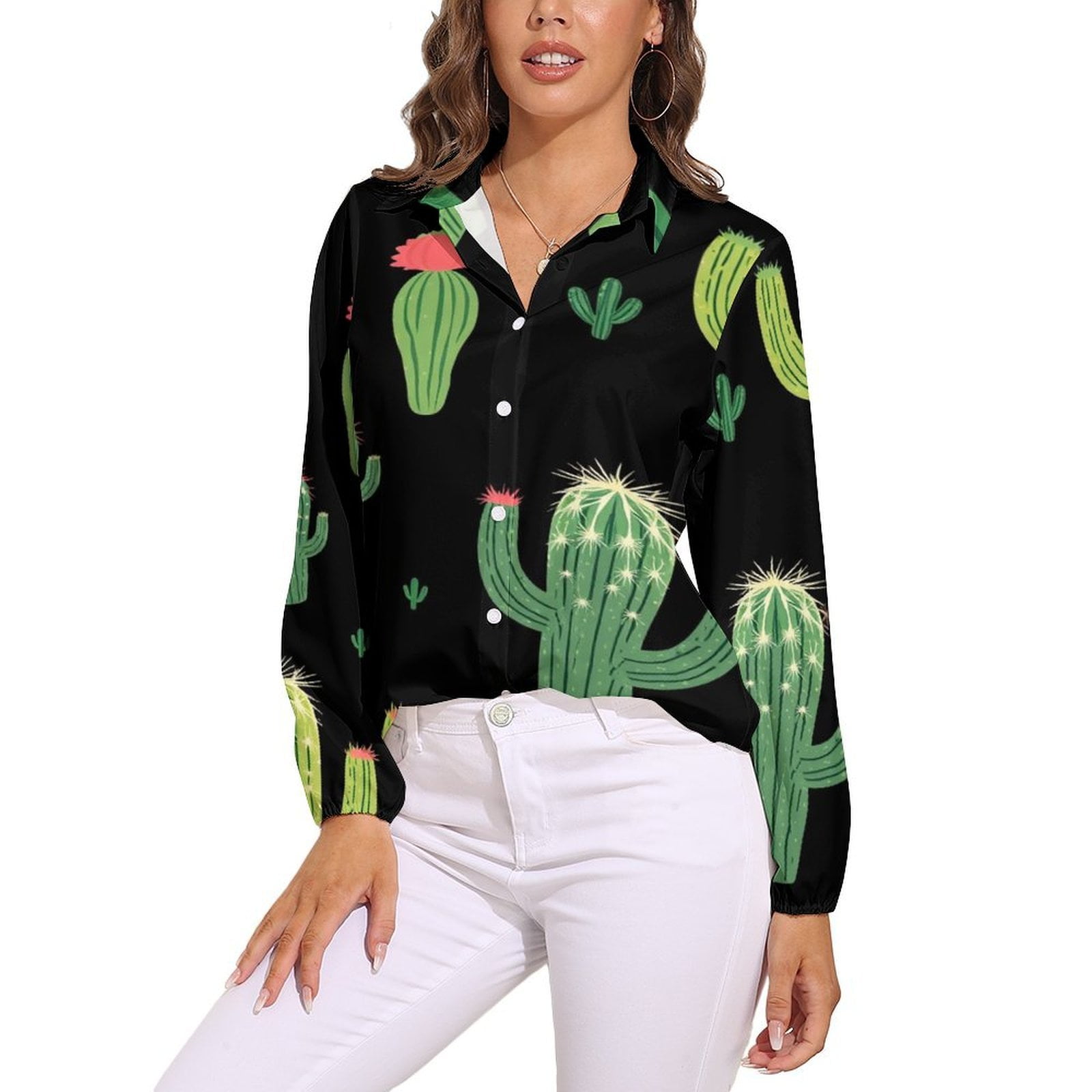 Autumn Women Shirt Tops Desert Cactus Pattern Long Sleeve Women's ...