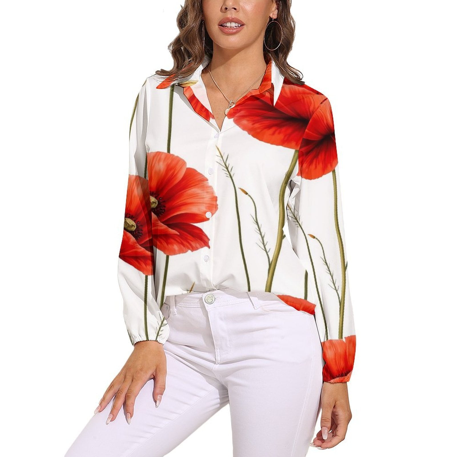 Autumn Women Shirt Tops Flower Red Poppy White Dirty Long Sleeve Women ...