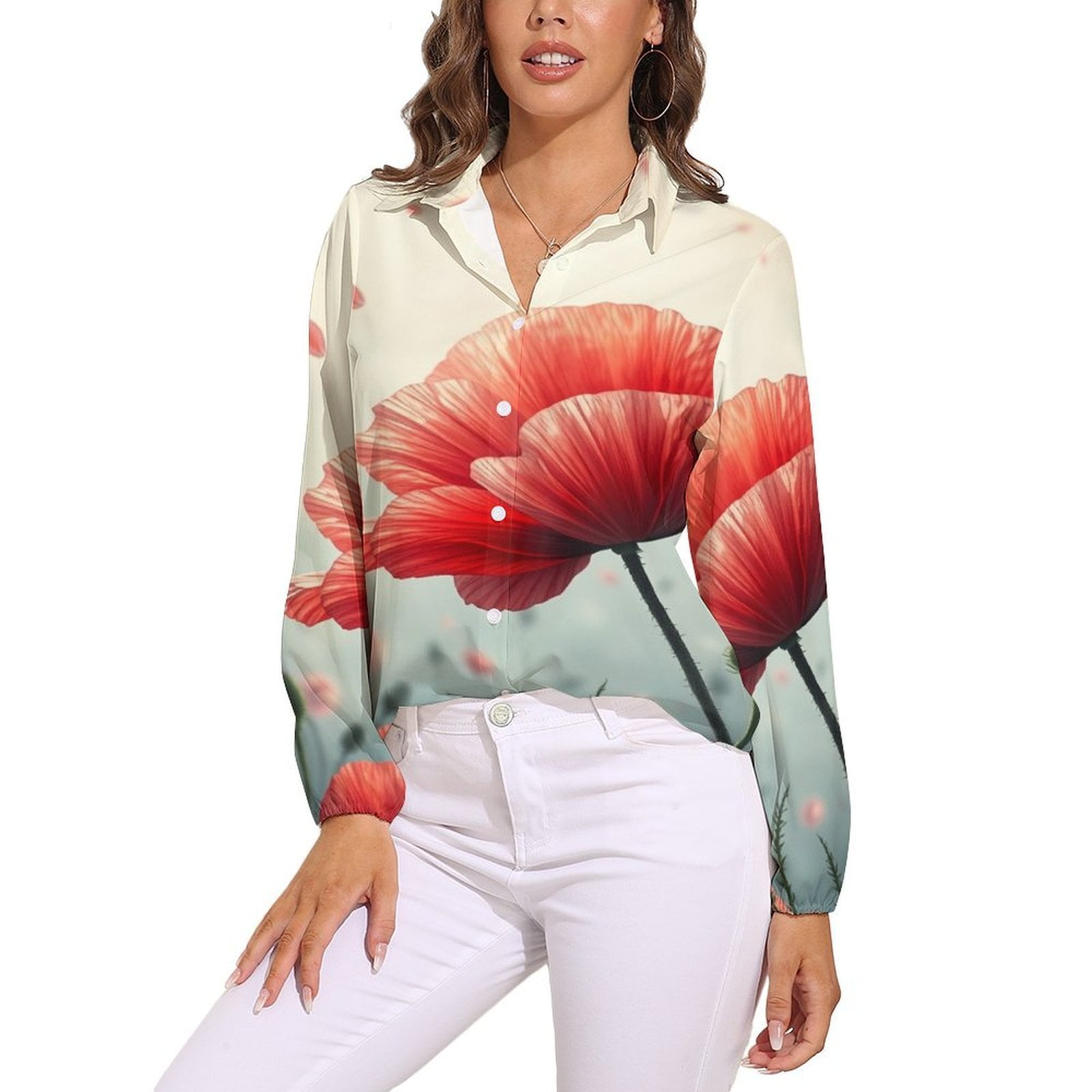 Autumn Women Shirt Tops Flower Red Poppy White Dirty Long Sleeve Women ...