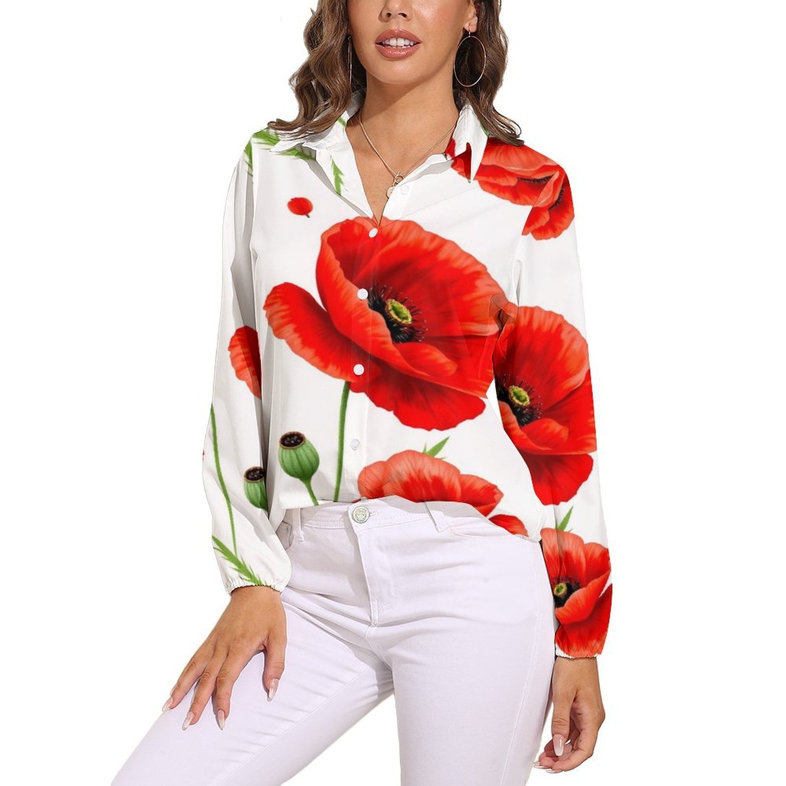 Autumn Women Shirt Tops Flower Red Poppy White Dirty Long Sleeve Women ...
