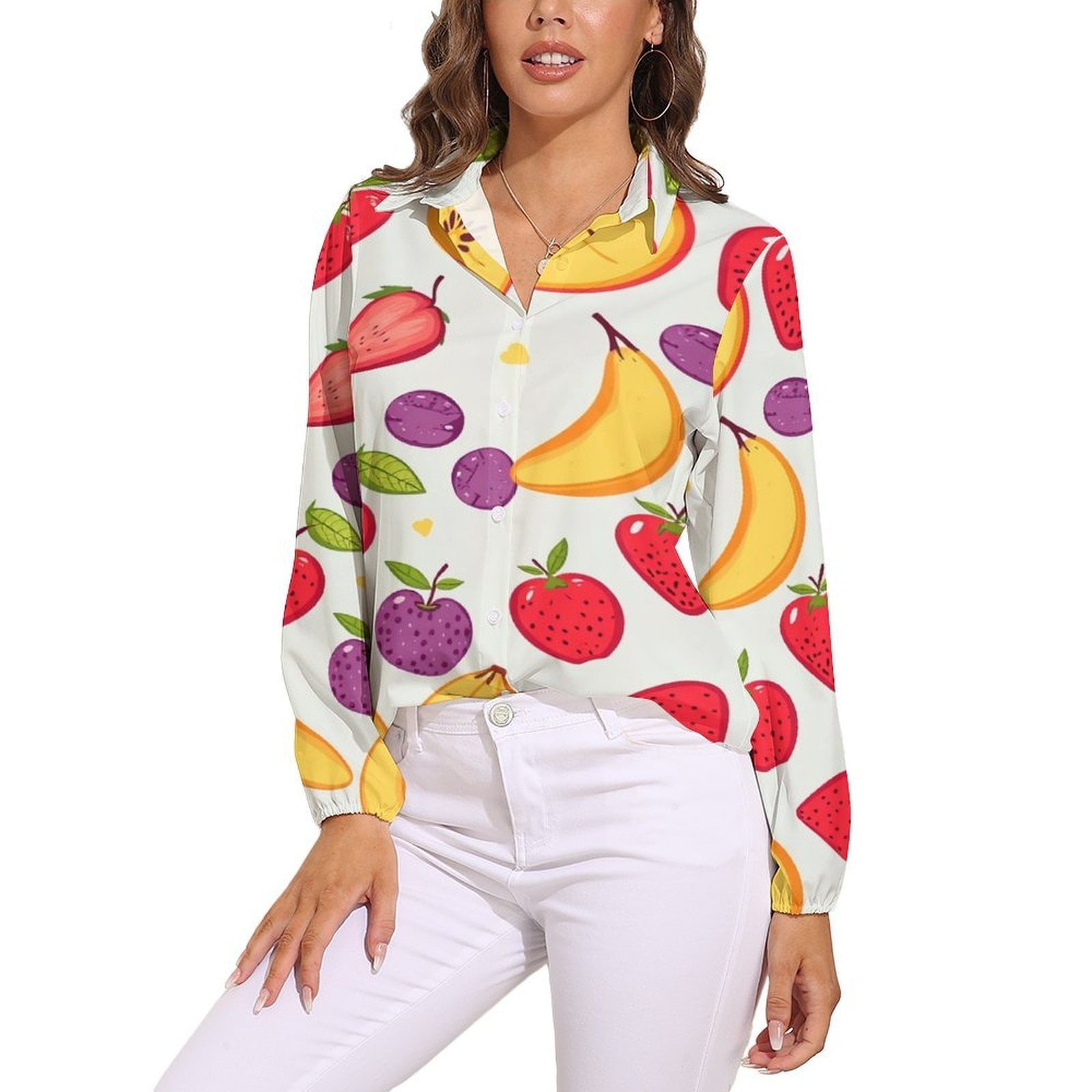 Autumn Women Shirt Tops Fruity Colorful Pattern Long Sleeve Women's ...