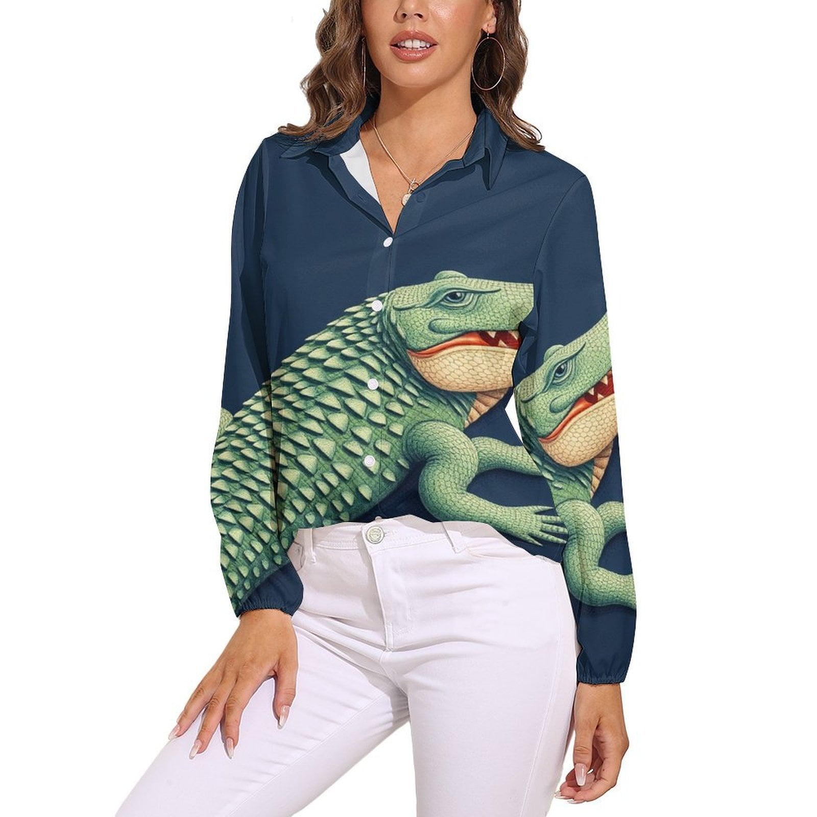 Autumn Women Shirt Tops Green Scaly Alligator Long Sleeve Women's ...