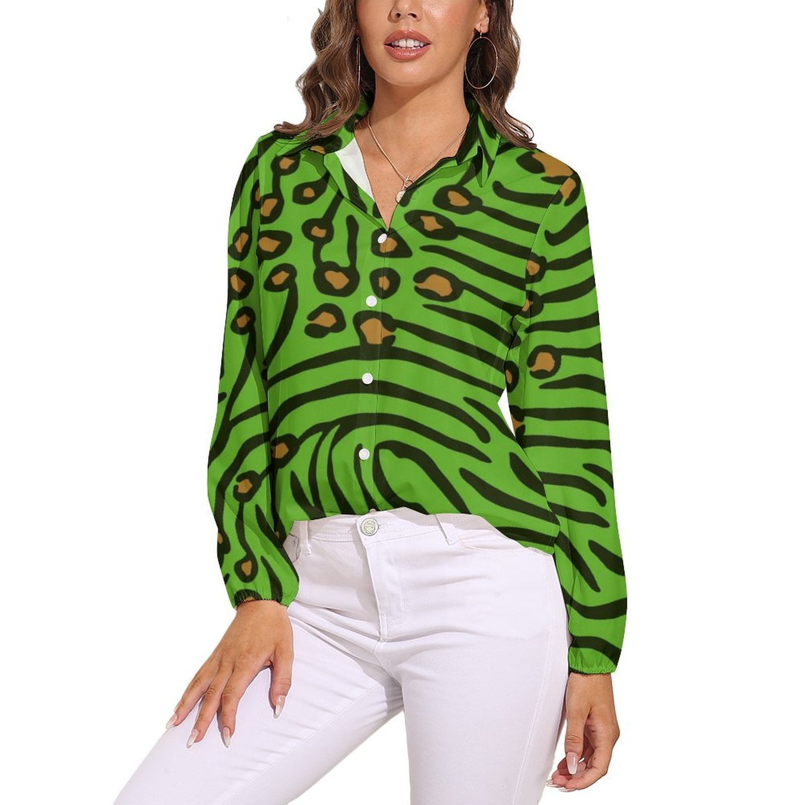 Autumn Women Shirt Tops Green Zebra Pattern Long Sleeve Women's Blouses ...