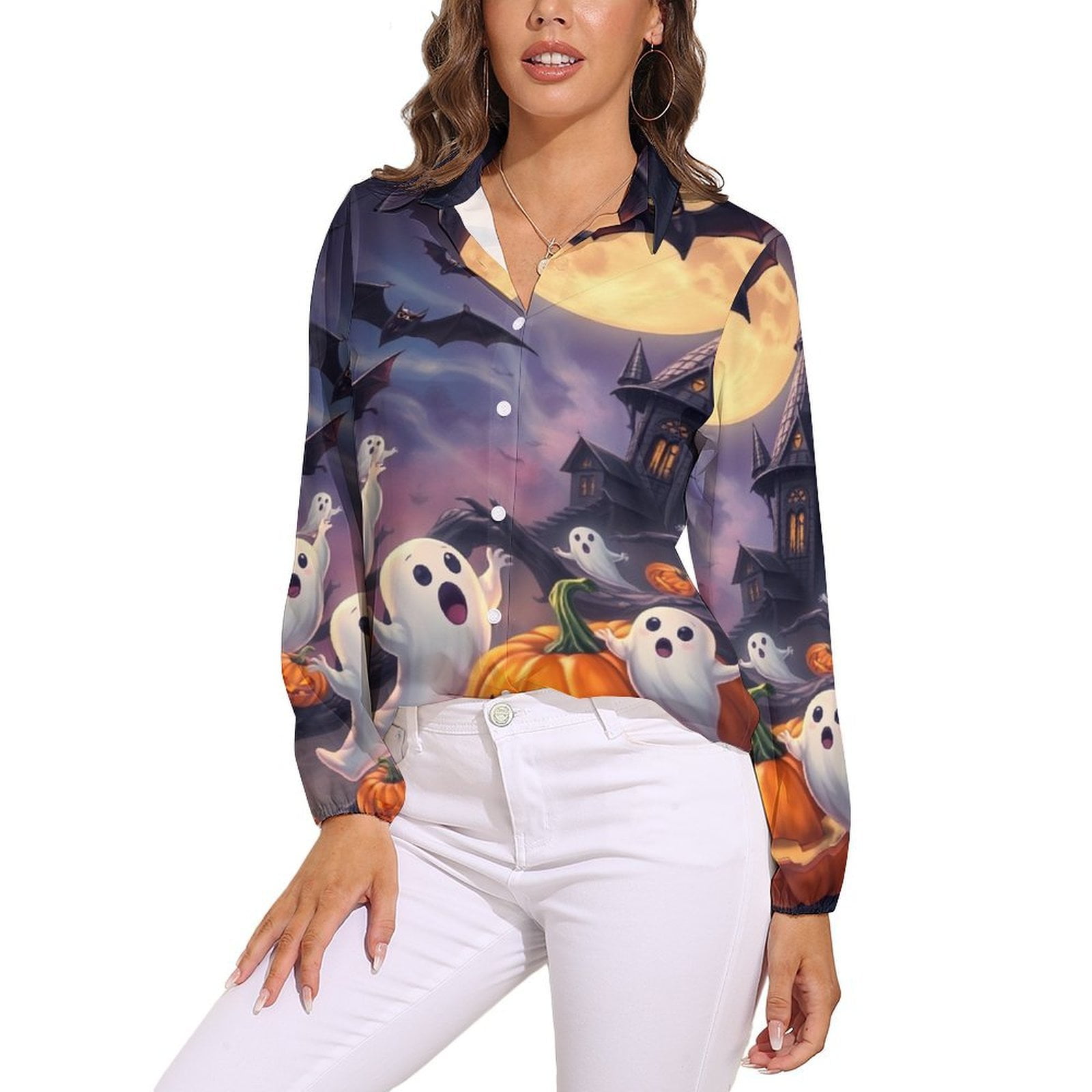Autumn Women Shirt Tops Halloween Ghosts Pumpkins Long Sleeve Women's ...