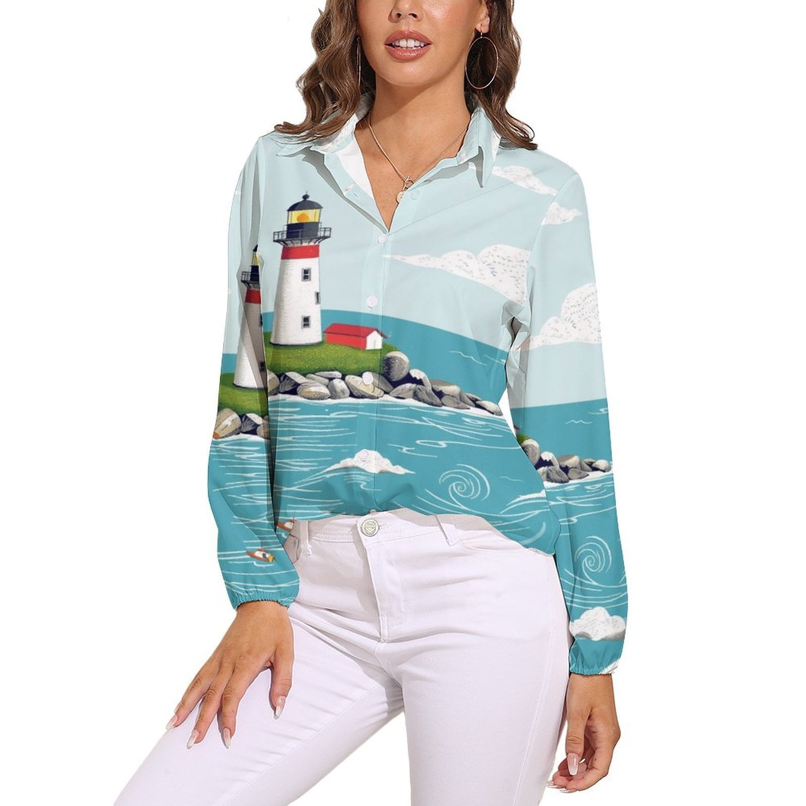 Autumn Women Shirt Tops Island Lighthouse Ocean Long Sleeve Women's ...