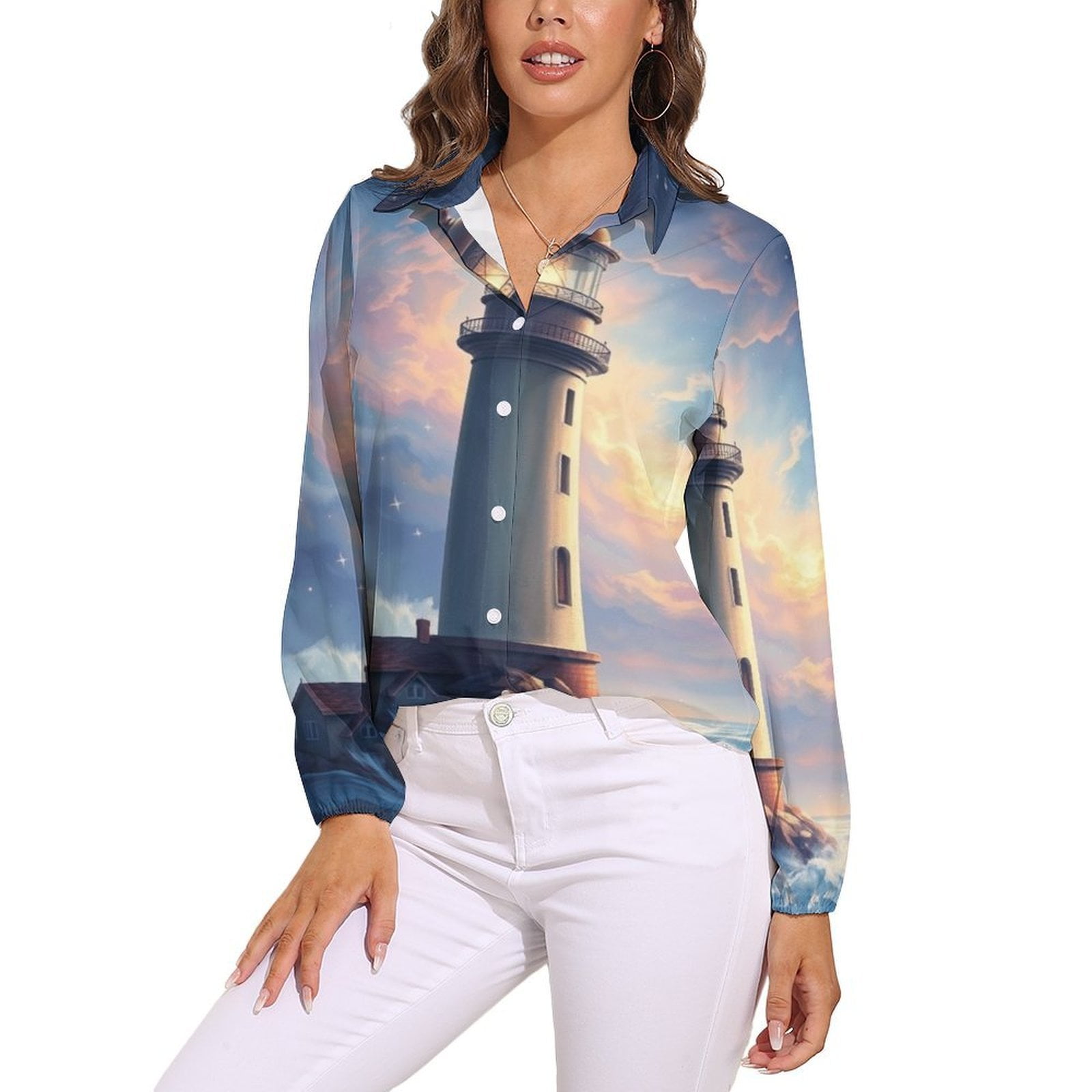 Autumn Women Shirt Tops Lighthouse Starry Night Sea Long Sleeve Women's ...