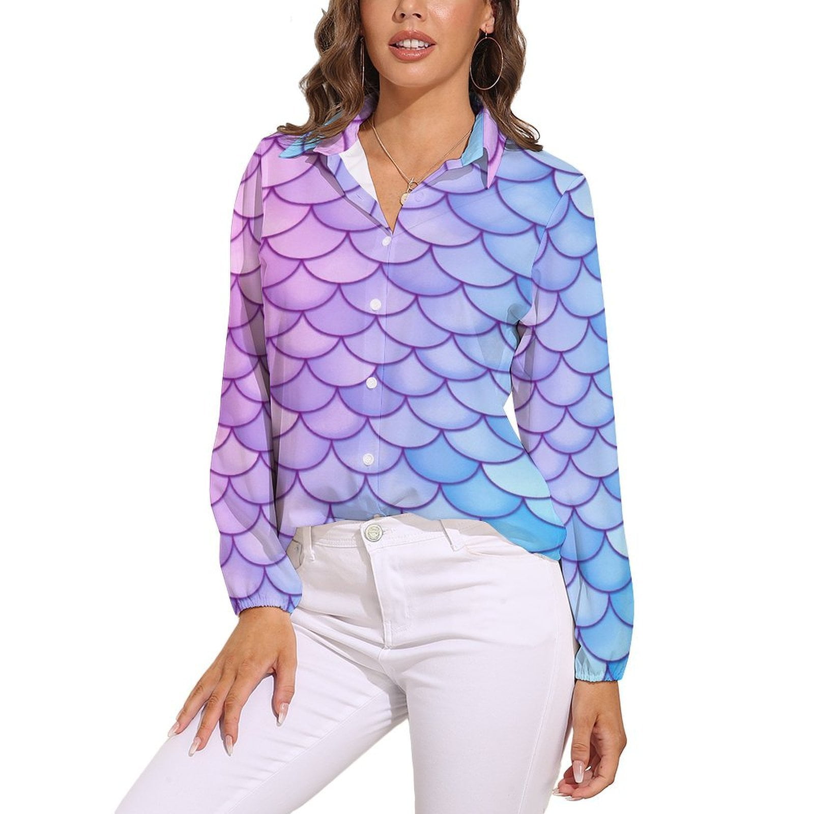 Autumn Women Shirt Tops Mermaid Scales Pattern Ombre Long Sleeve Women ...