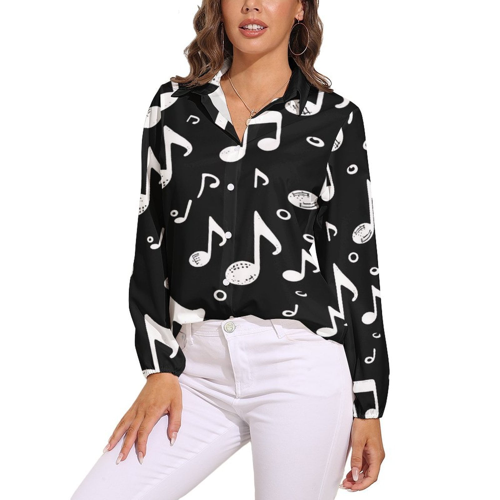 Autumn Women Shirt Tops Musical Note Pattern Long Sleeve Women's ...