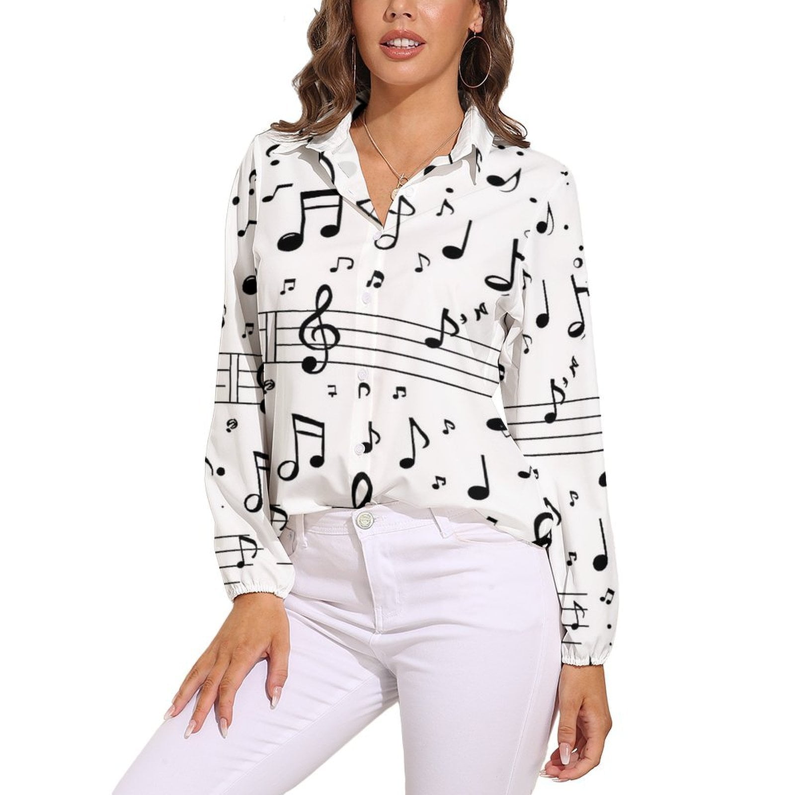 Autumn Women Shirt Tops Musical Notes Pattern Long Sleeve Women's ...