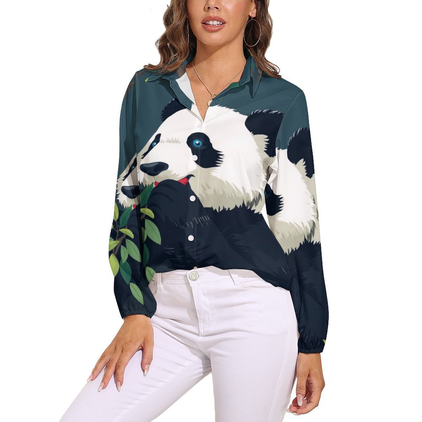 Autumn Women Shirt Tops Panda Eating Leaves Long Sleeve Women's Blouses ...