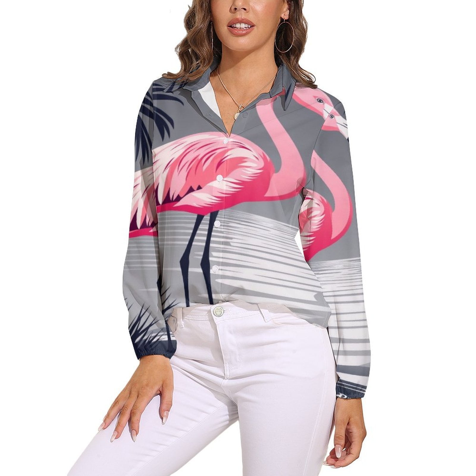 Autumn Women Shirt Tops Pink Flamingo Paradise Scene Long Sleeve Women ...