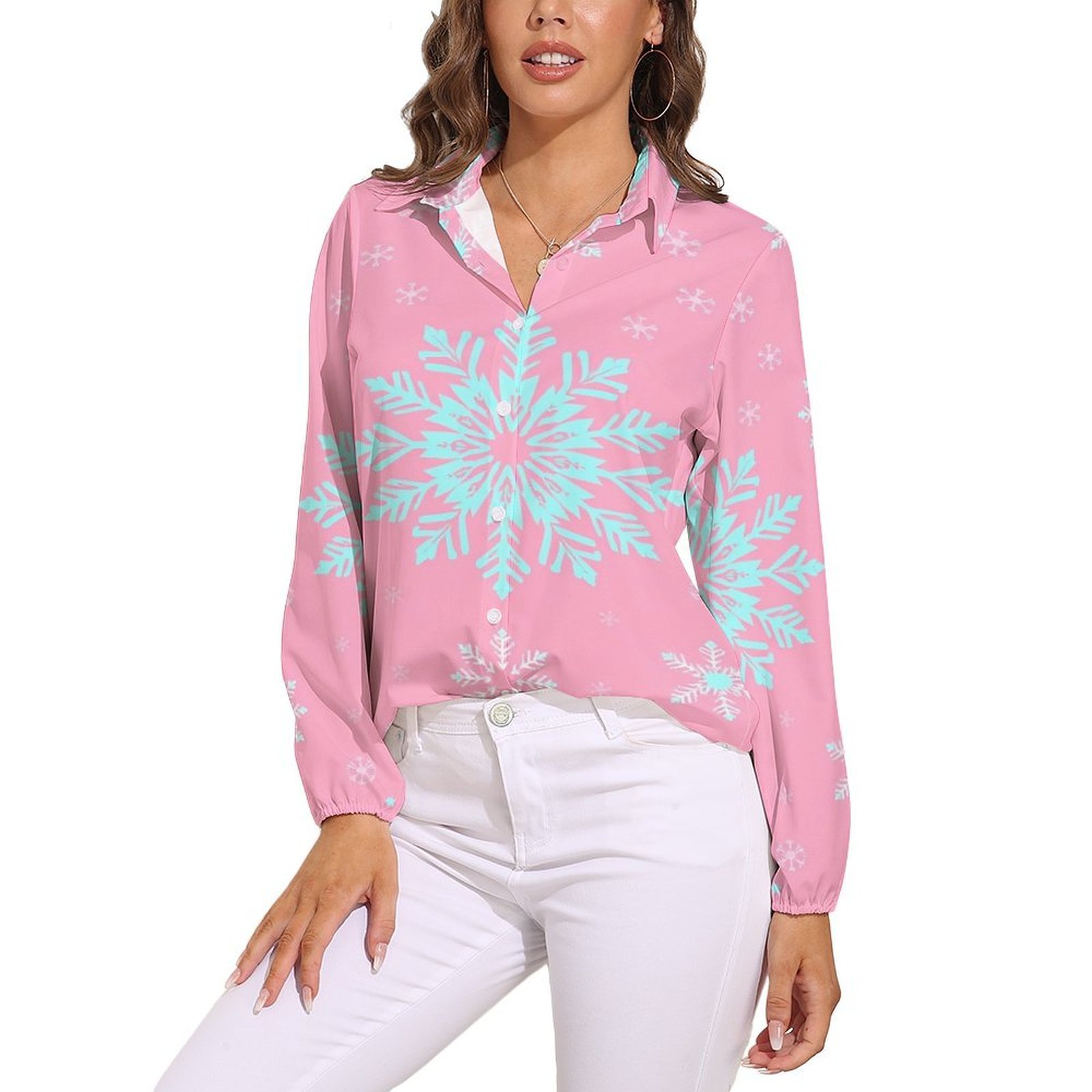 Autumn Women Shirt Tops Pink Snowflake Pattern Long Sleeve Women's ...