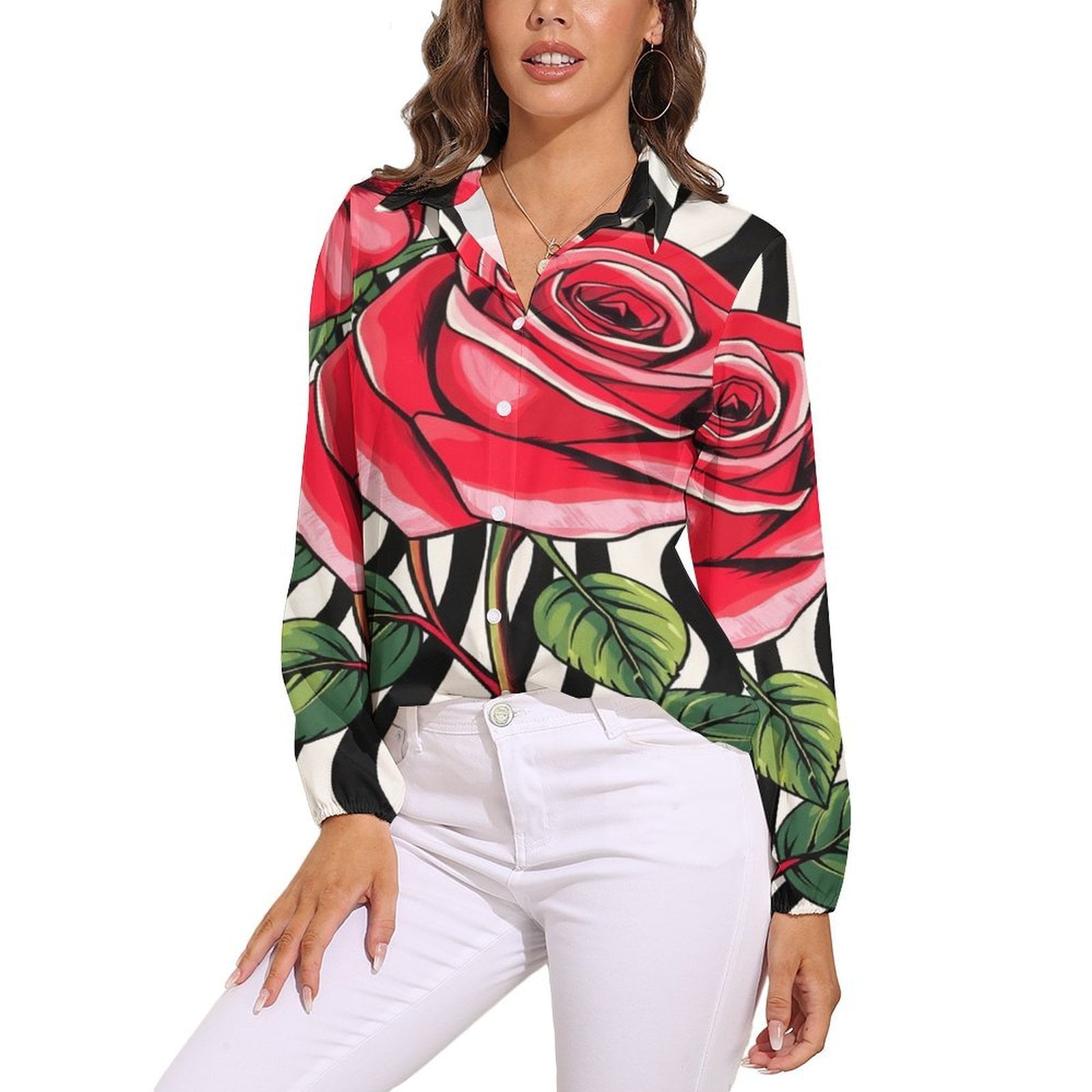 Autumn Women Shirt Tops Rose And Zebra Print Pattern Long Sleeve Women ...