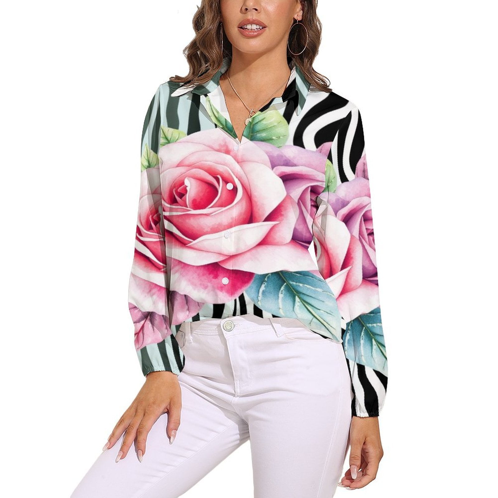Autumn Women Shirt Tops Rose And Zebra Print Pattern Long Sleeve Women ...