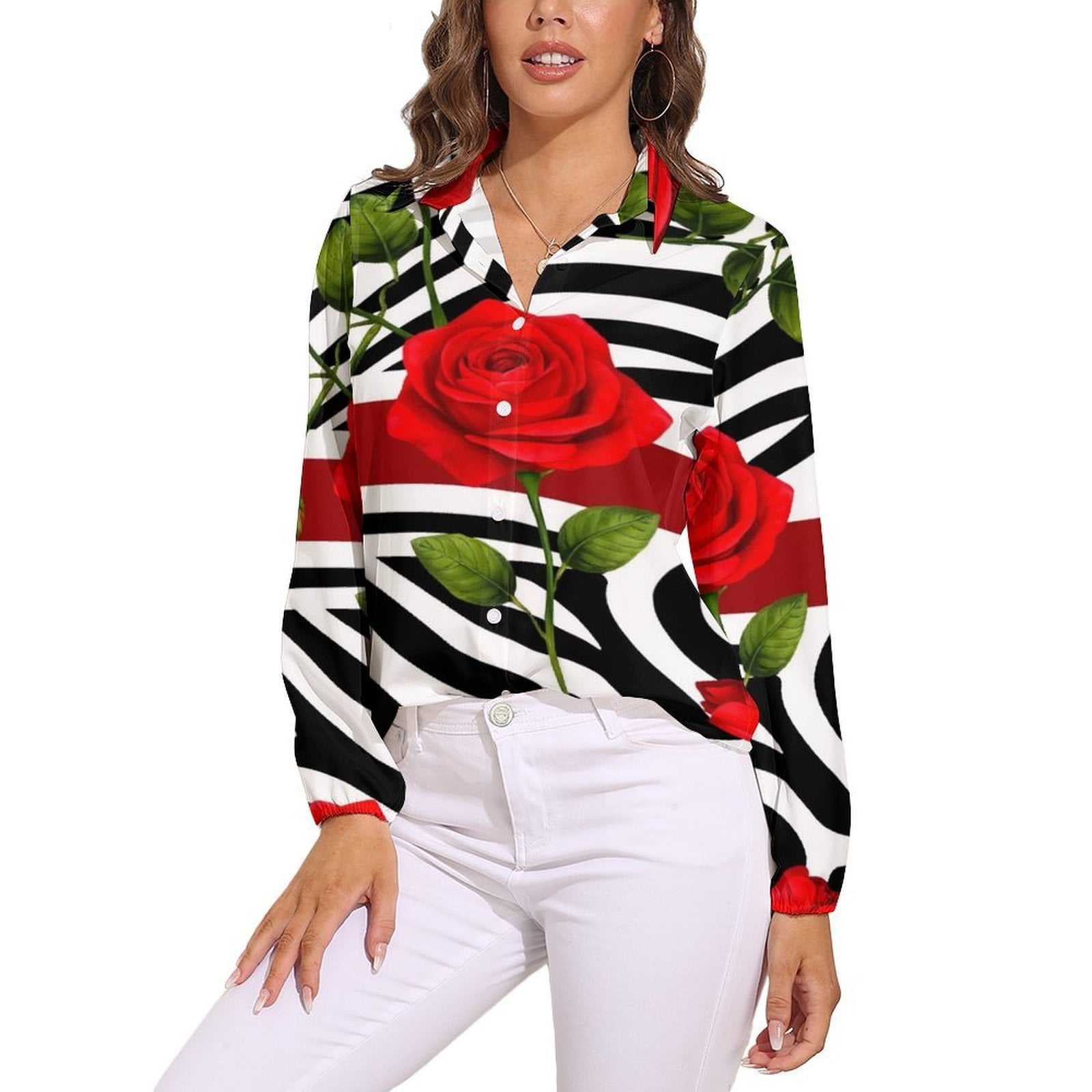Autumn Women Shirt Tops Rose And Zebra Print Pattern Long Sleeve Women ...