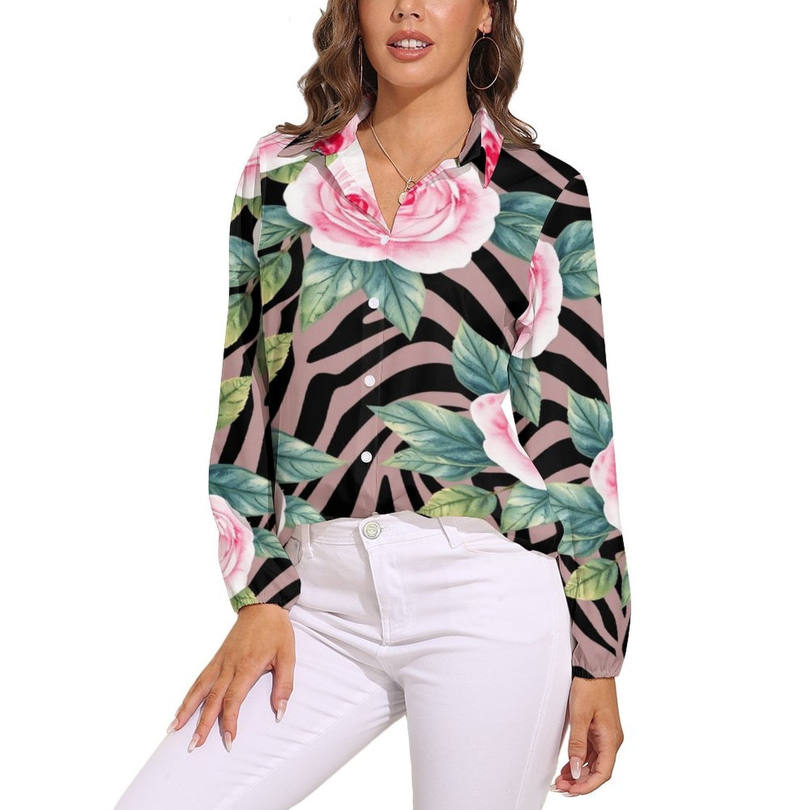 Autumn Women Shirt Tops Rose And Zebra Print Pattern Long Sleeve Women ...