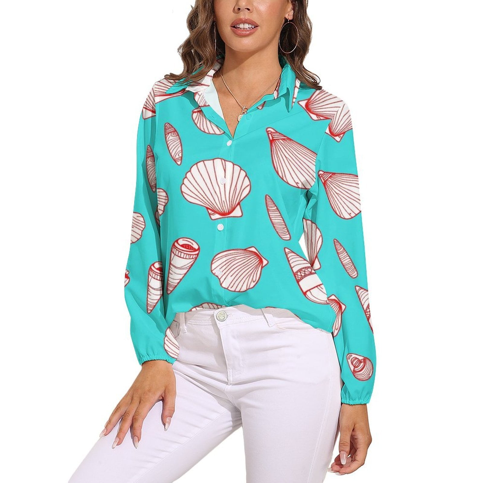 Autumn Women Shirt Tops Sea Shells Pattern Long Sleeve Women's Blouses ...