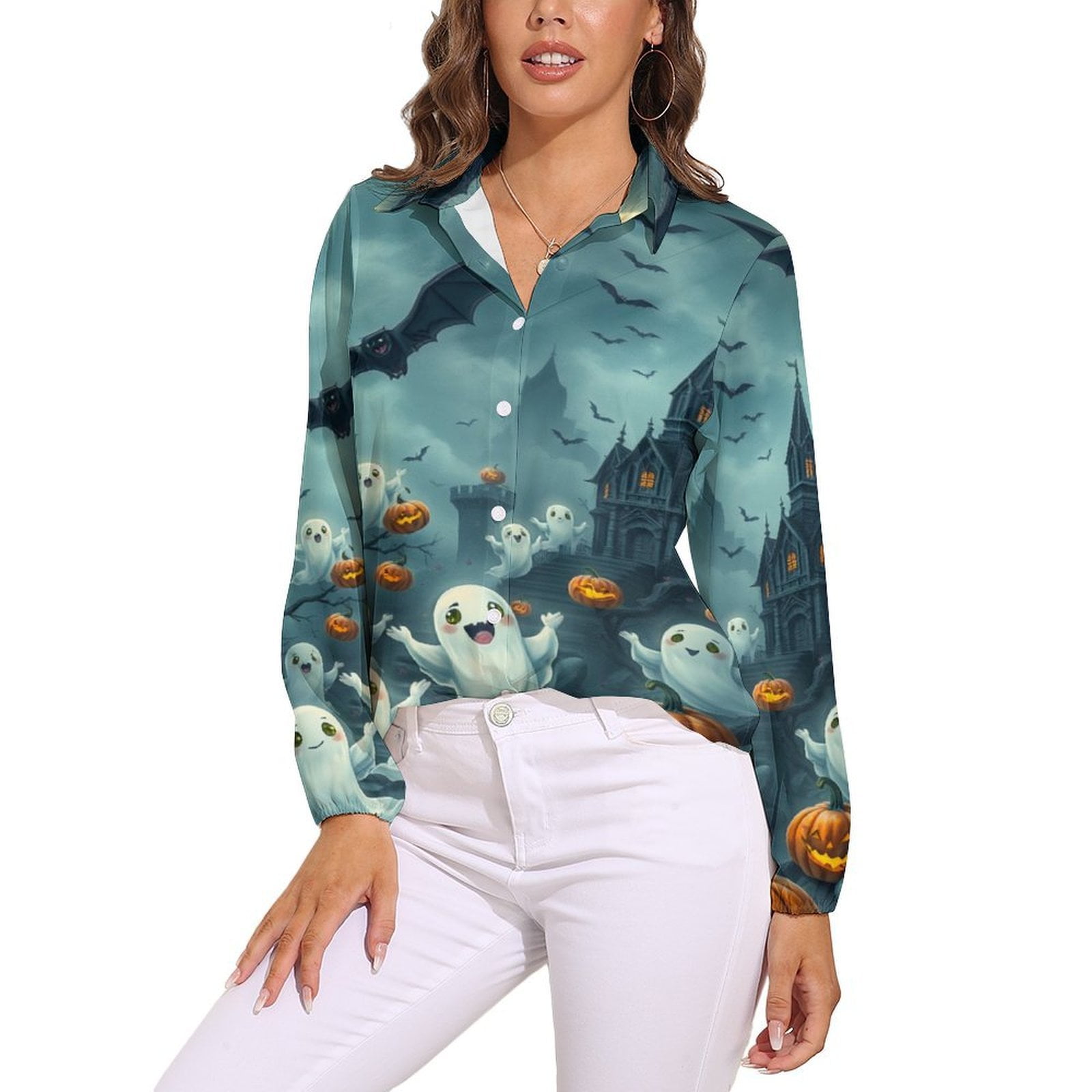 Autumn Women Shirt Tops Spooky Halloween Ghosts Long Sleeve Women's ...