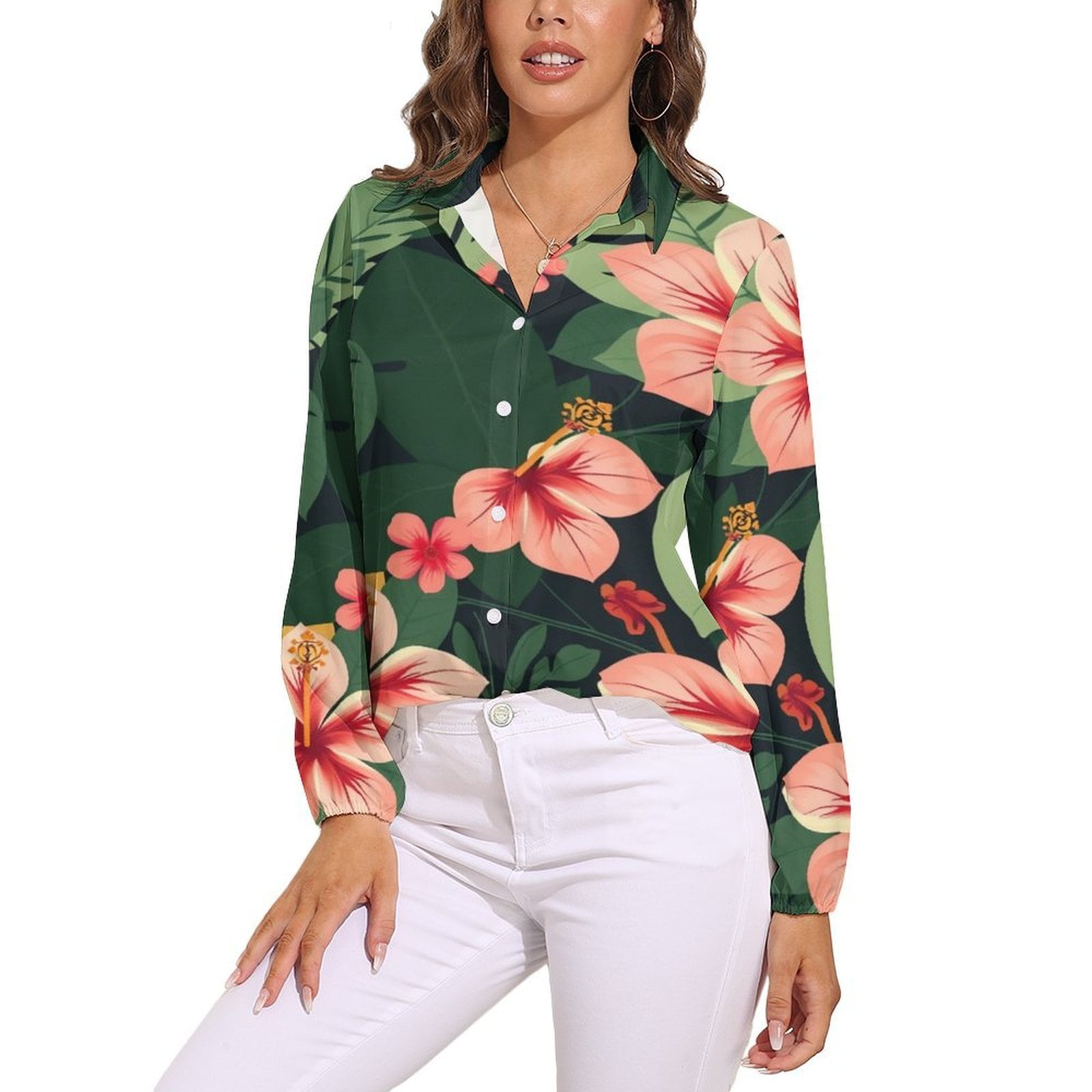 Autumn Women Shirt Tops Tropical Floral Pattern Long Sleeve Women's ...