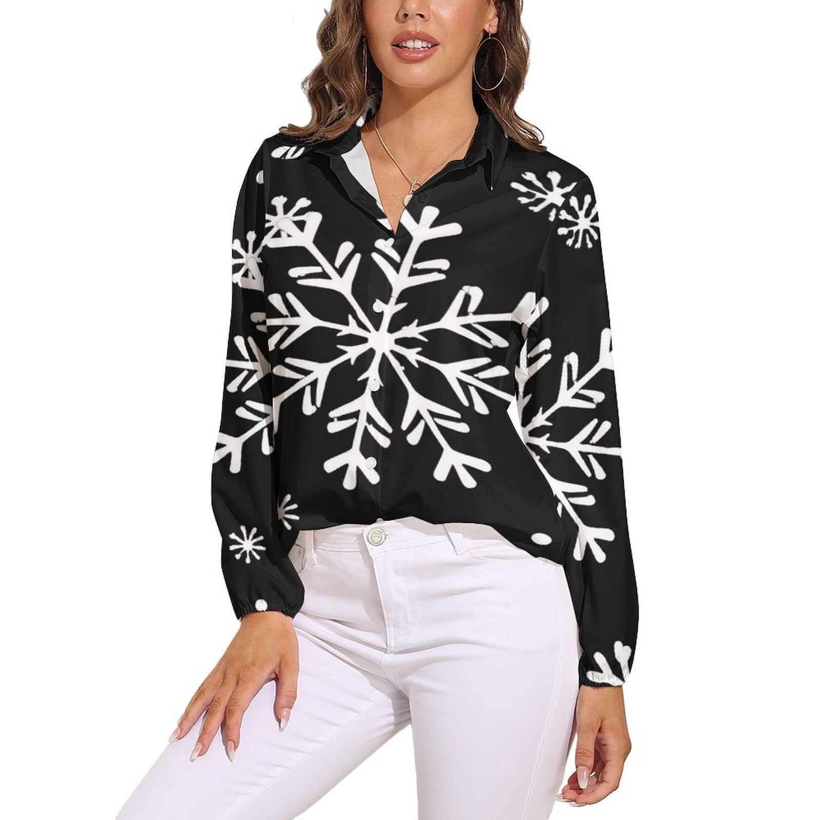 Autumn Women Shirt Tops Winter Snowflake Pattern Long Sleeve Women's ...