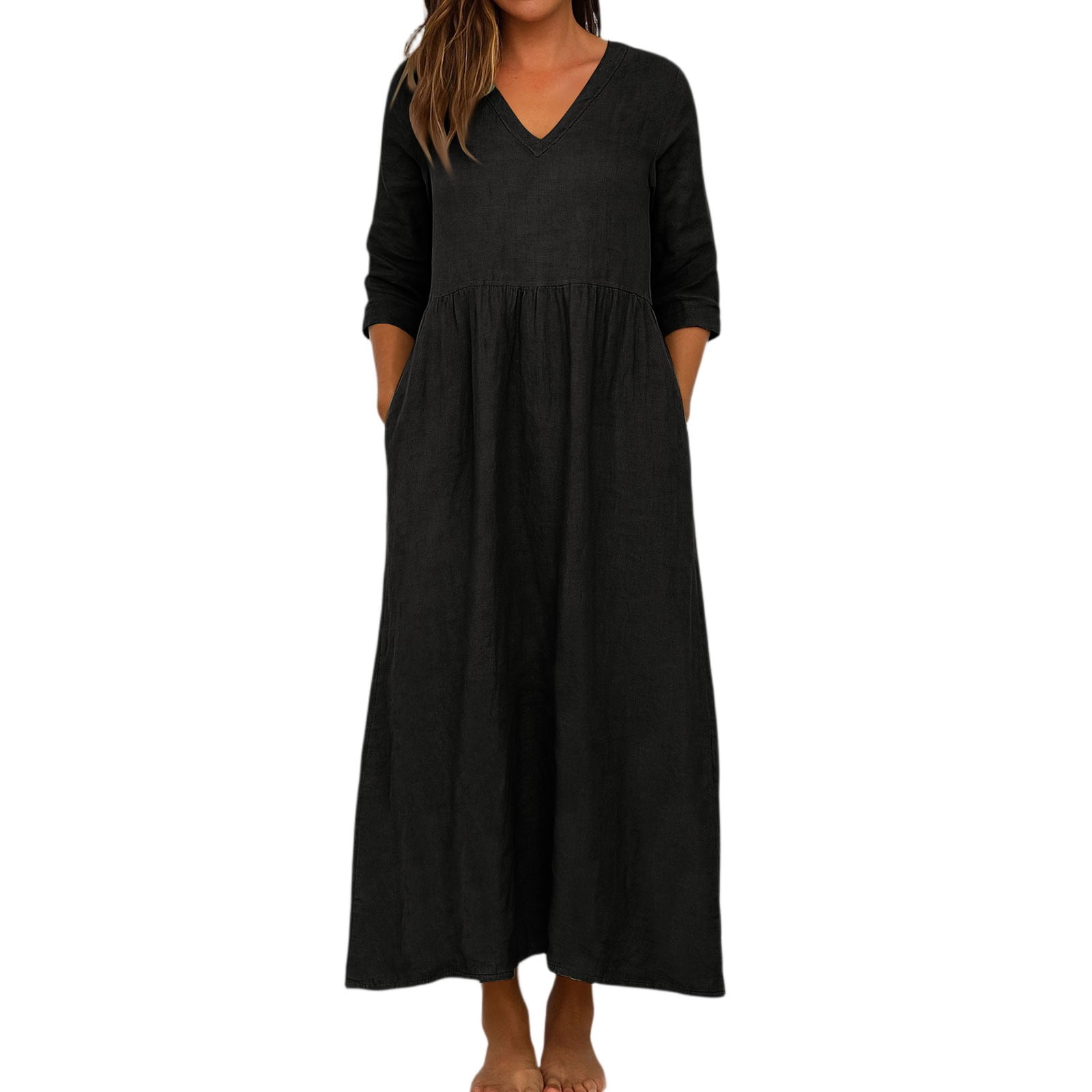 Autumn Women Solid Loose Linen Long Dress V-Neck 3/4 Sleeve Tunic ...