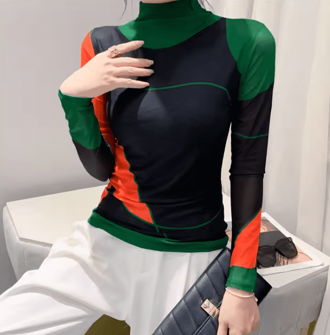 Autumn Women’s Printed Mesh T-Shirt Long Sleeve Half High Neck Slim Fit ...