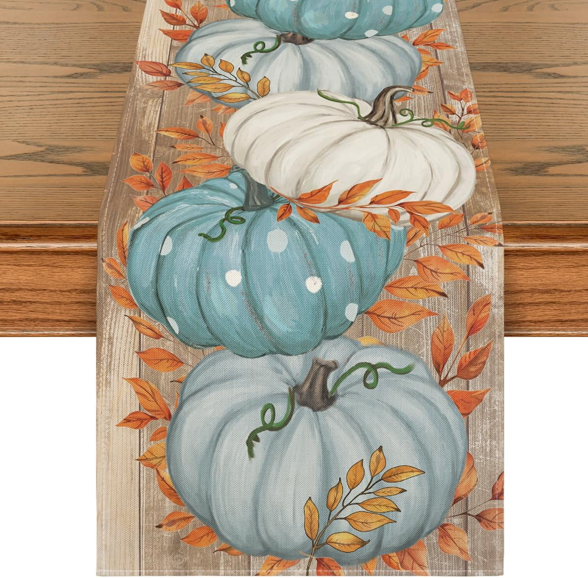 Autumn Wood Bule Polka Dot Pumpkins Linen Table Runner Party r Reusable ...