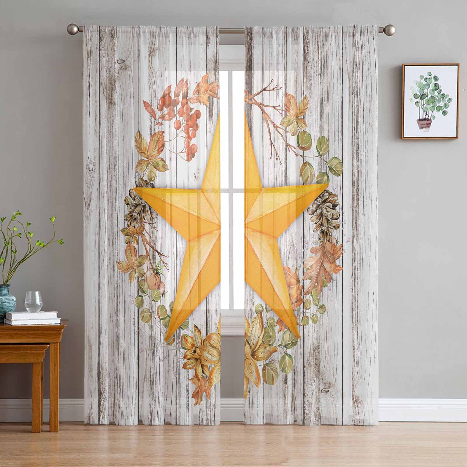 Autumn Wood Grain Orange Five Pointed Star Maple Leaf Sheer Curtains ...