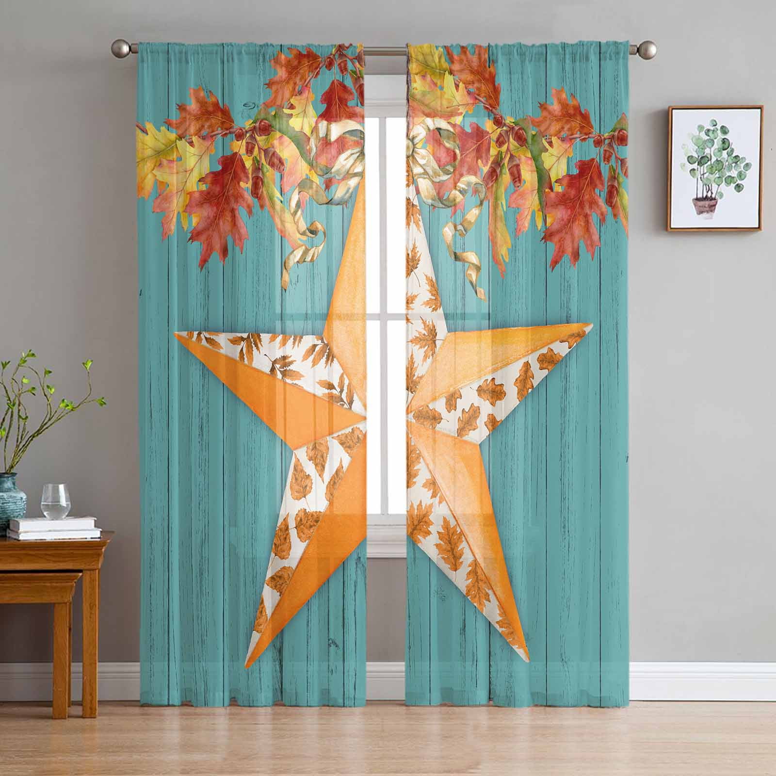 Autumn Wood Grain Orange Maple Leaf Pentagram Sheer Curtains for Living ...