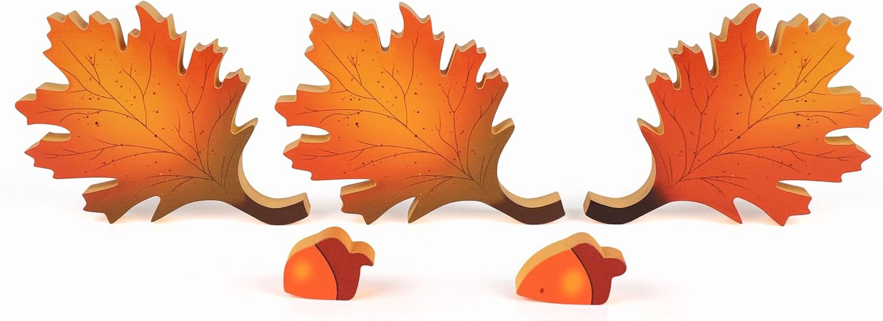 Autumn Wooden Table Decor, 5 Pcs Oak Leaf & Acorns Harvest Centerpieces for Mantel Shelf Tiered ...