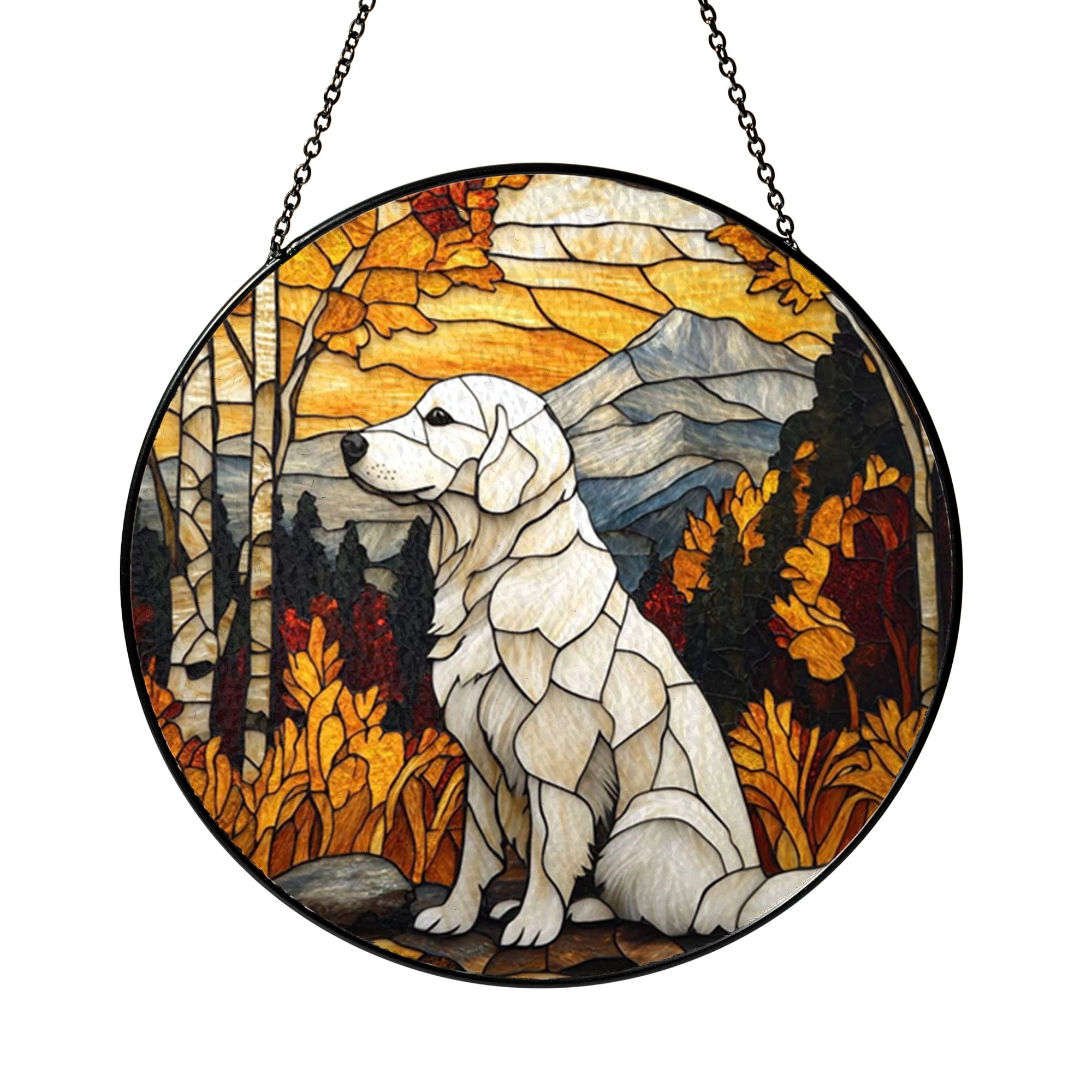 Autumn Woodland Dog Scene Stained Glass Style Window Decor, Nature ...