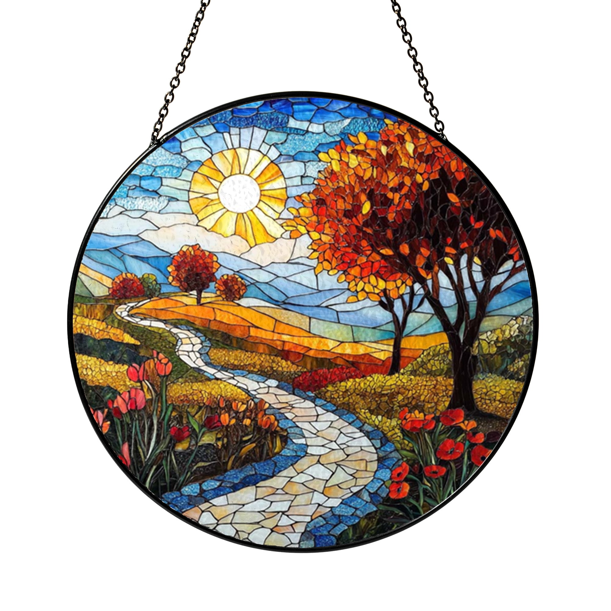 Autumn Woodland Pathway Stained Glass Style Window Decor Suncatcher ...