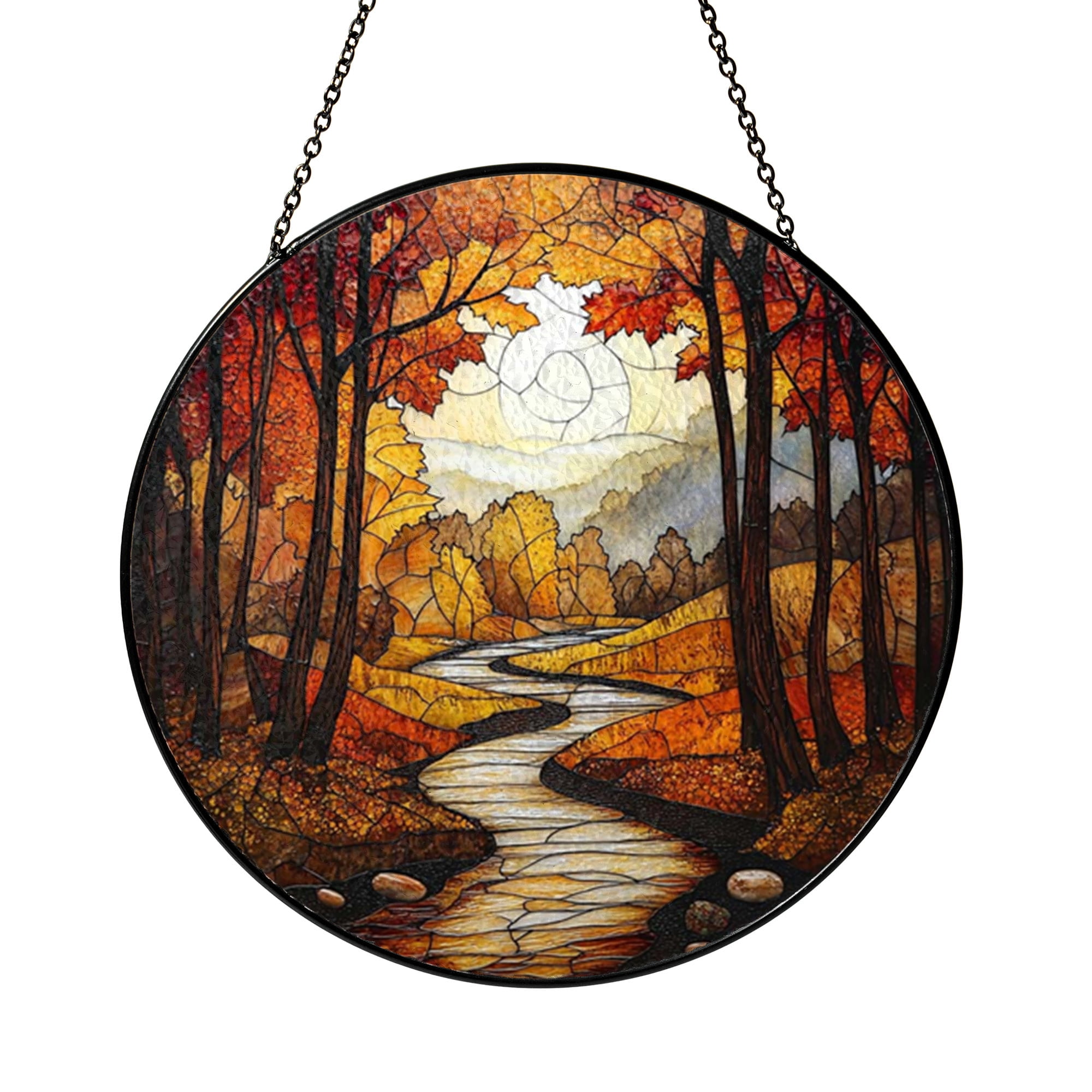 Autumn Woodland River Stained Glass Window Hanging, Nature Landscape ...