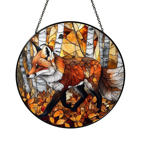 Autumn Woodland Stained Glass Style Window Hanging, Fox Art Panel ...