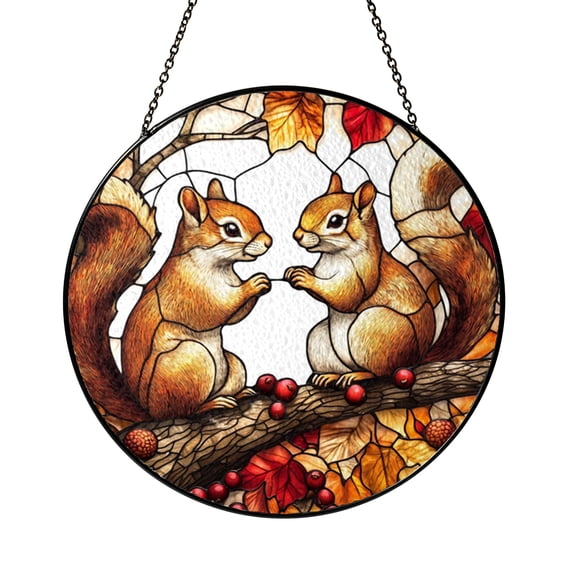 Autumn Woodland Stained Glass Style Window Hanging, Squirrel Art Panel ...