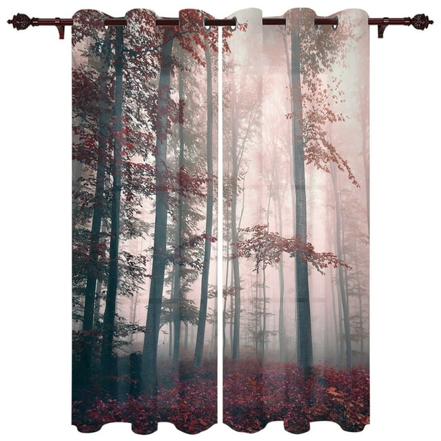 Autumn Woods Maple Leaves Red Windows Curtains Living Room Bedroom ...