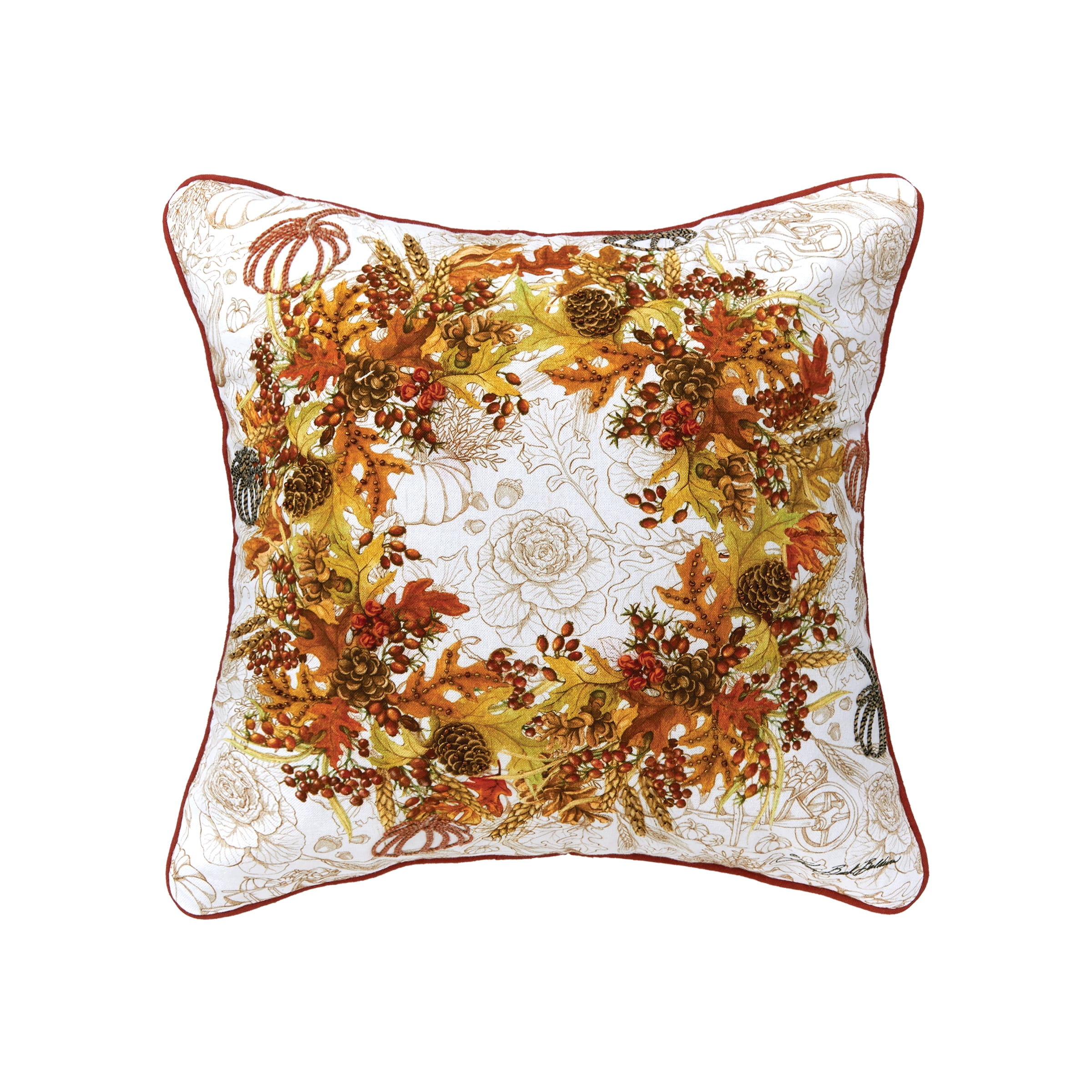Autumn Wreath Thanksgiving Printed and Embroidered Throw Pillow ...