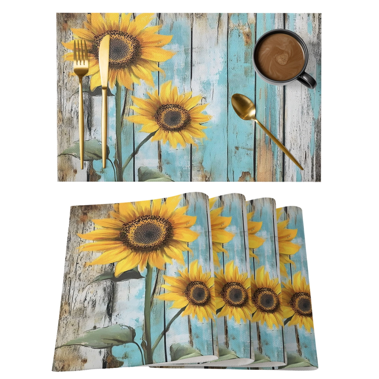 Autumn Yellow Flower Cotton Linen Placemats Set of 4, Sunflower Leaf ...