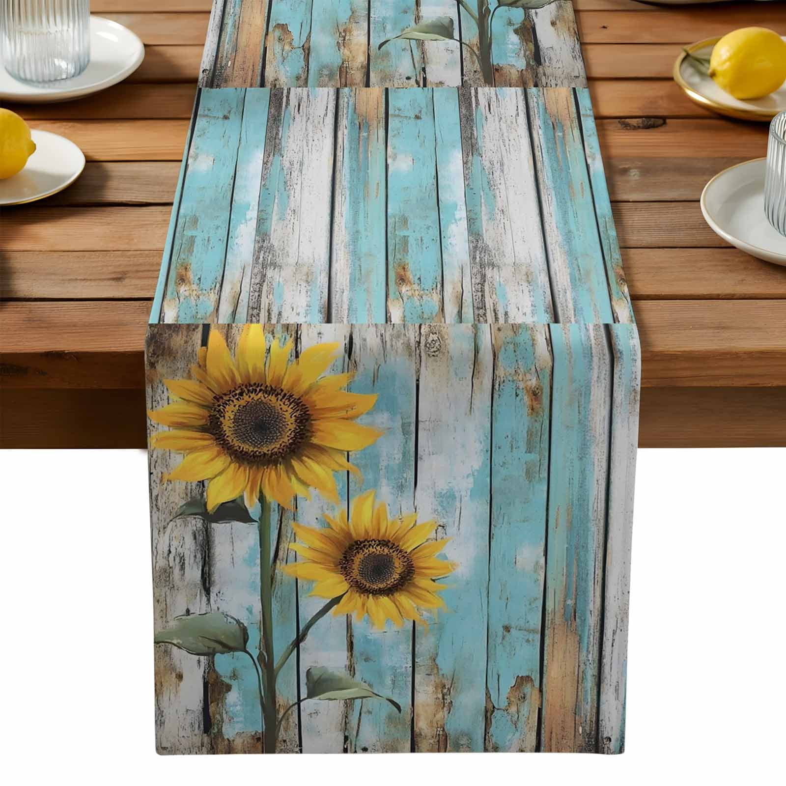 Autumn Yellow Flower Table Runner, Sunflower Leaf Blue Wood Vintage ...