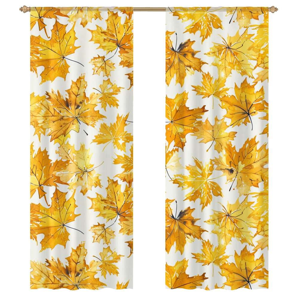 Autumn Yellow Leaves Maple Leaf Modern Tulle Window Curtains for Living ...